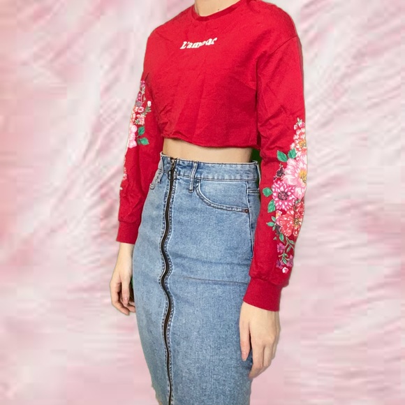 H&M | Tops | Red Floral Crop Top With Long Sleeves | Poshmark